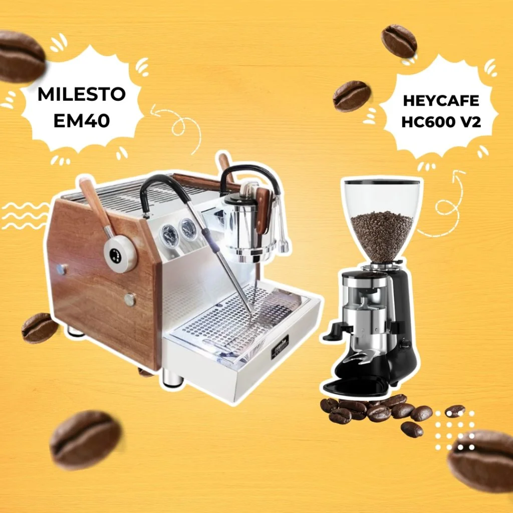 COMBO MÁY PHA CAFE MILESTO EM40 (PHIEN BẢN GỖ) & MÁY XAY CÀ PHÊ HEYCAFE HC600 V2 - Khởi Nghiệp Cafe
