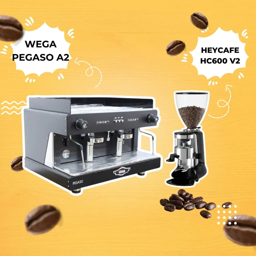 COMBO MÁY PHA CAFE WEGA PEGASO A2 & MÁY XAY CÀ PHÊ Heycafe HC600 V2 - Khởi Nghiệp Cafe